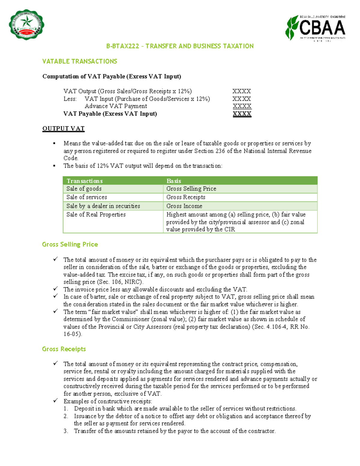 B-BTAX222: Vatable Transactions and VAT Computation Guide - Studocu