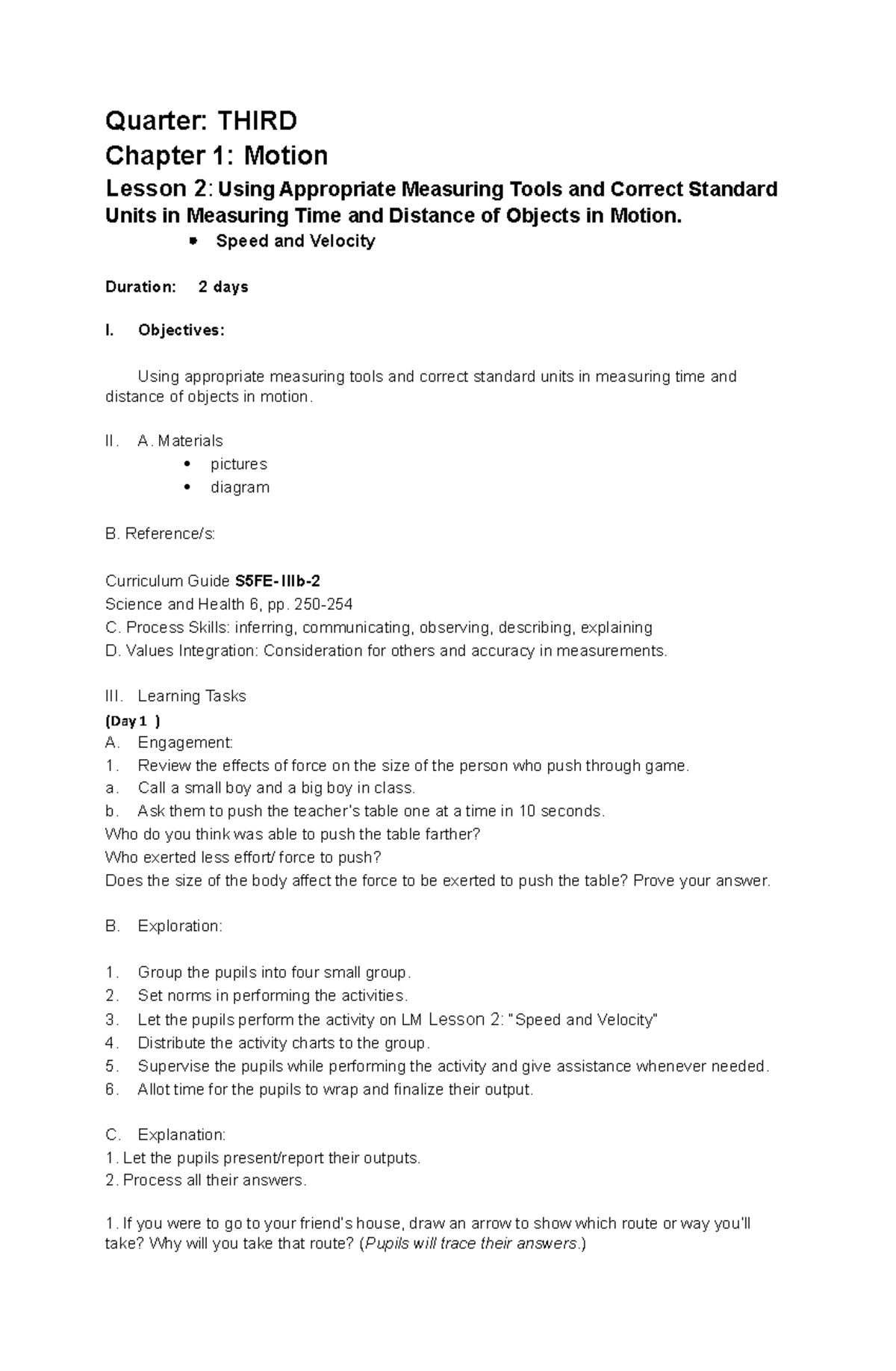 S5FE IIIb 23rd Quarter - LESSON PLAN ON MOTION AND MEASUREMENT - Studocu