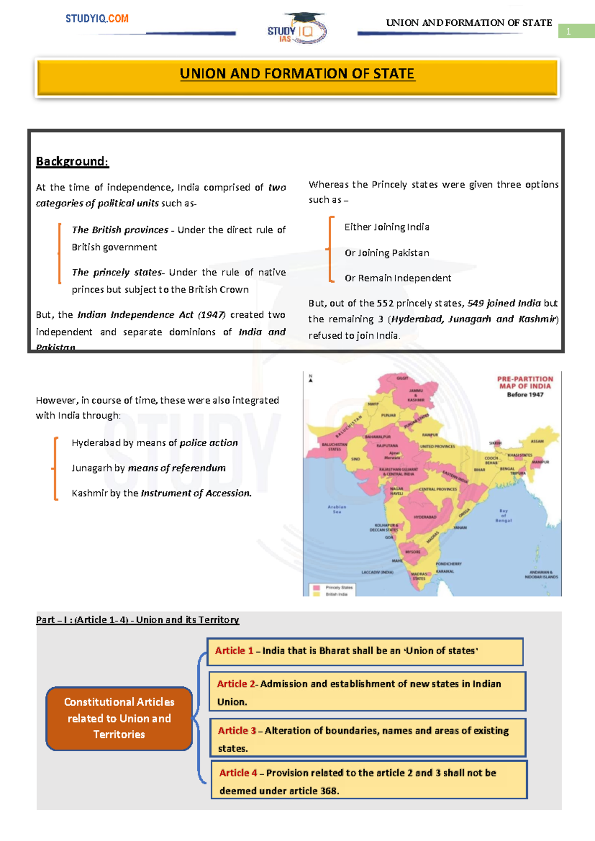 STUDYIQ.COM Union and Formation of States: Historical Overview and ...