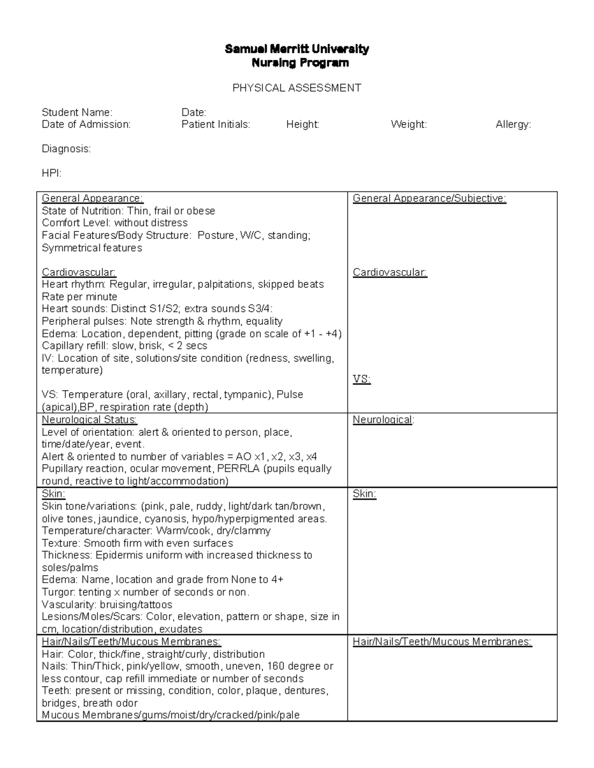 SMU Nursing Program: Physical Assessment Worksheet - Studocu