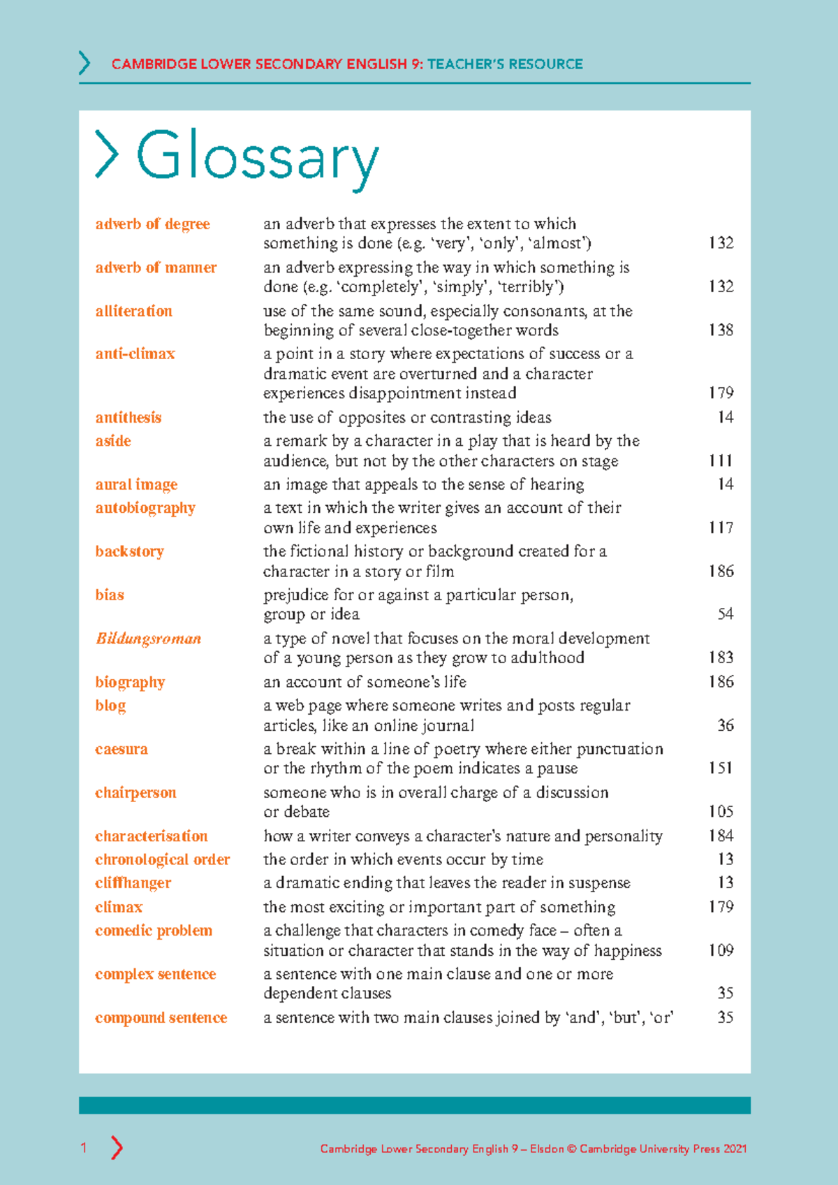 CAMBRIDGE LOWER SECONDARY ENGLISH 9: GLOSSARY OF TERMS - Studocu