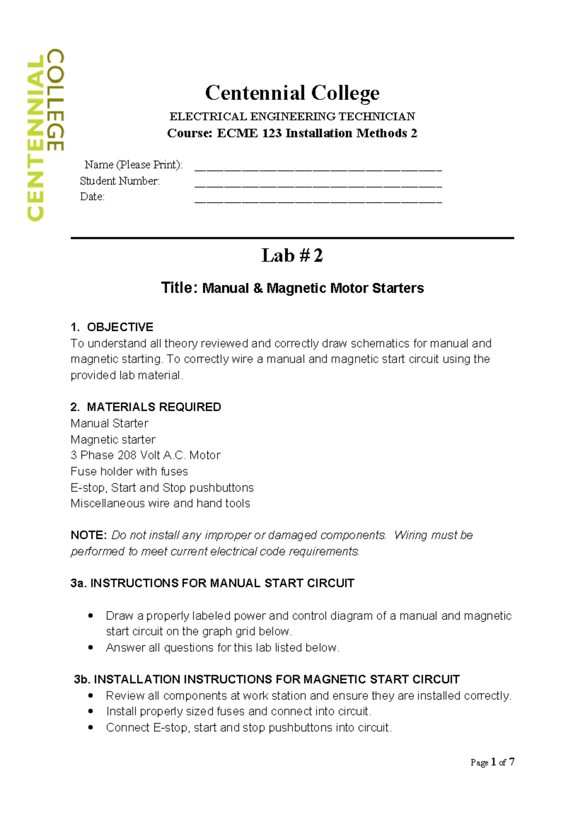 Lab 2: AC Manual & Magnetic Motor Starters - ECME 123 - Studocu