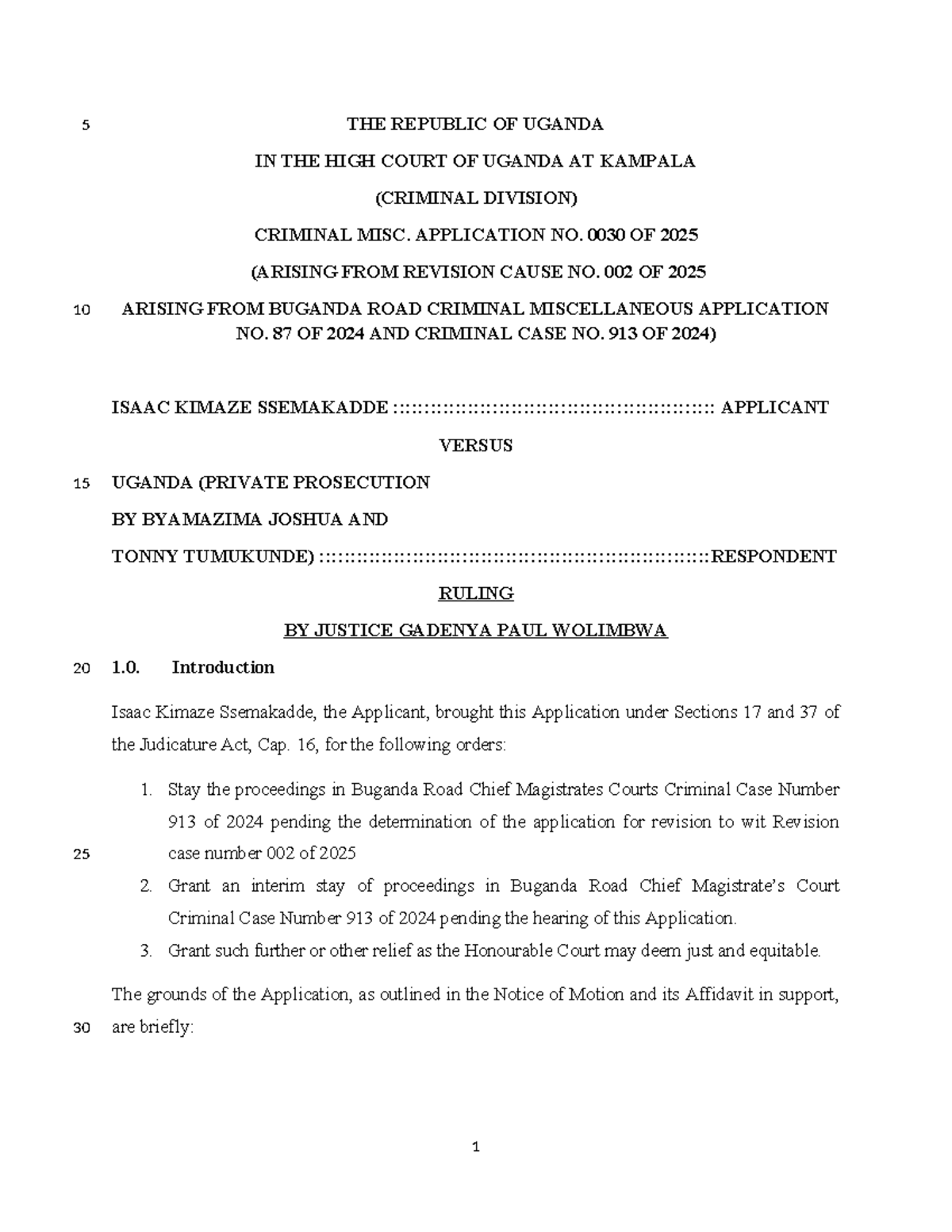 Ssemakadde v Uganda: Ruling on Criminal Misc. Application No. 0030/2025 ...