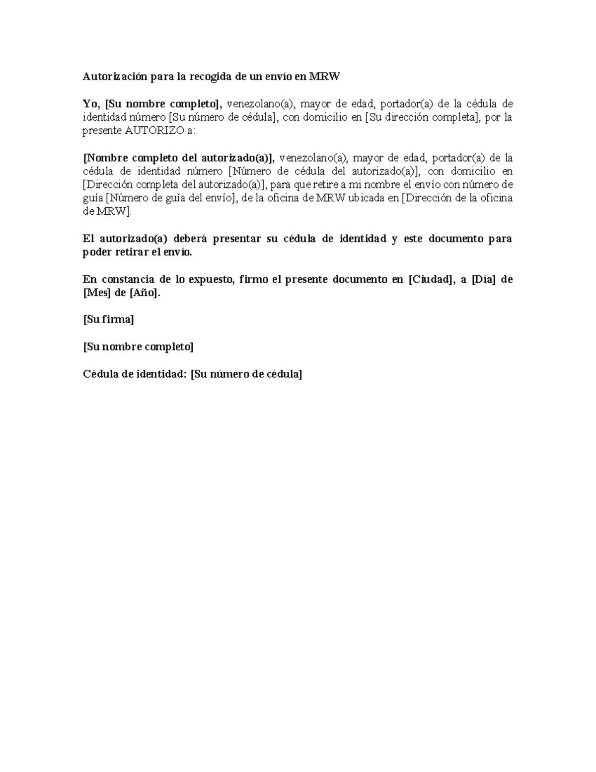 Autorización para Retiro de Envío en MRW - Documento Legal - Studocu