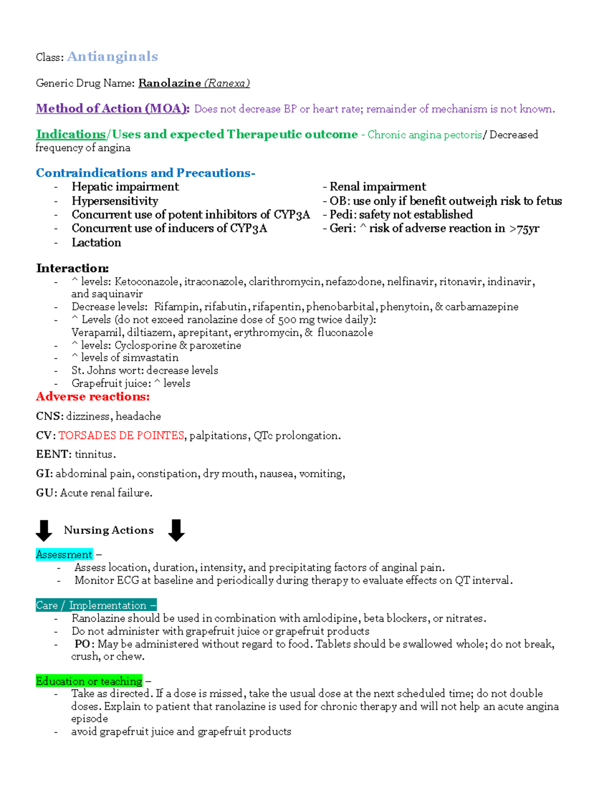 Ranolazine (Ranexa) Study Notes: Antianginal Class Overview - Studocu
