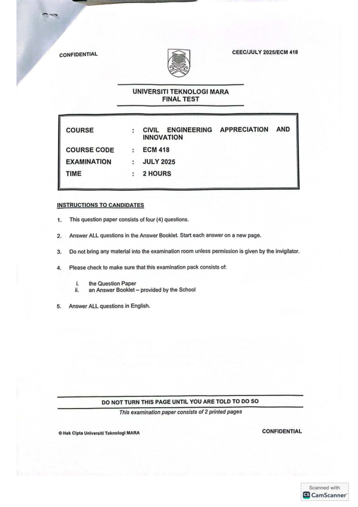 ECM 418 Final Test: Civil Engineering Appreciation & Innovation - Studocu