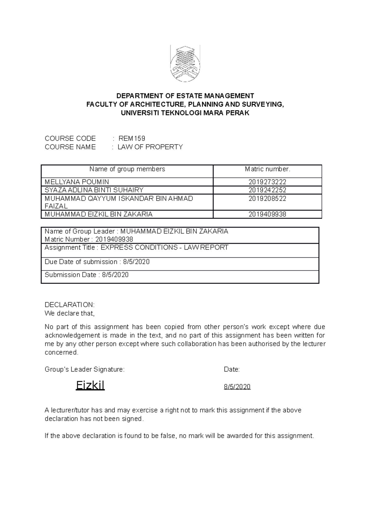 Example report-Law report - ESTATE MANAGEMENT - UiTM - Studocu