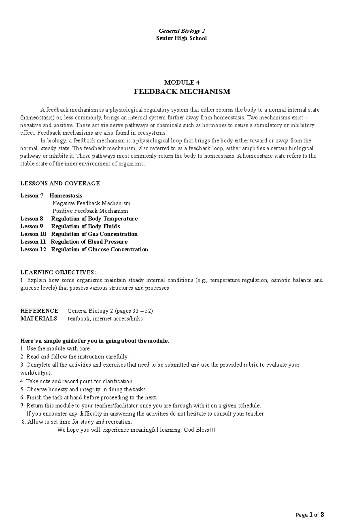 Biology 2 Q4 - Module - Senior High School MODULE 4 FEEDBACK MECHANISM ...