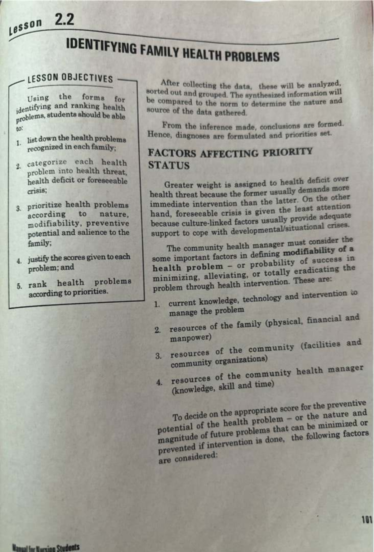 NUR 101 Lesson 2.2: Identifying Family Health Problems and ...