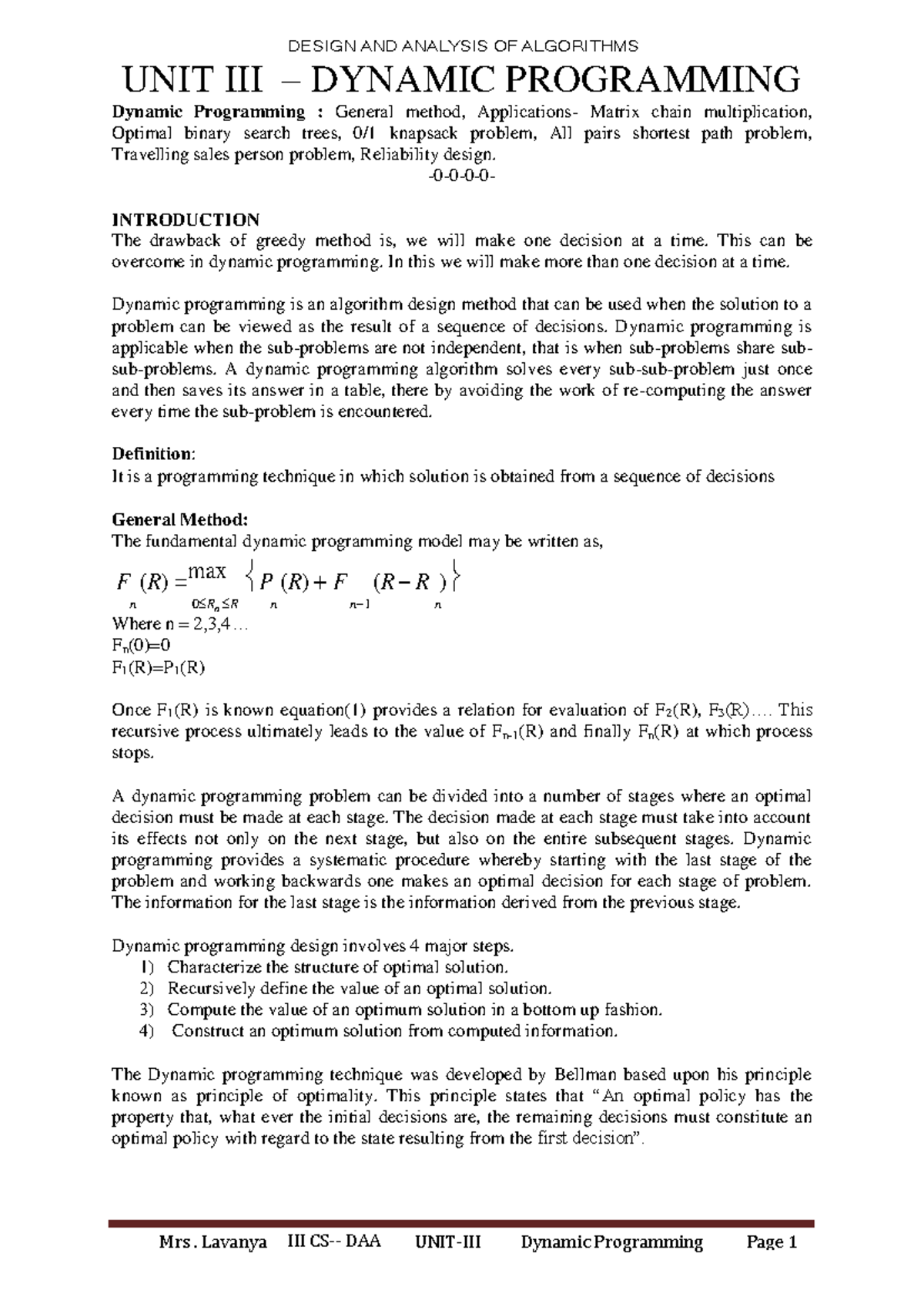 DAA (Unit 3) - Lecture Notes on Dynamic Programming Techniques - Studocu