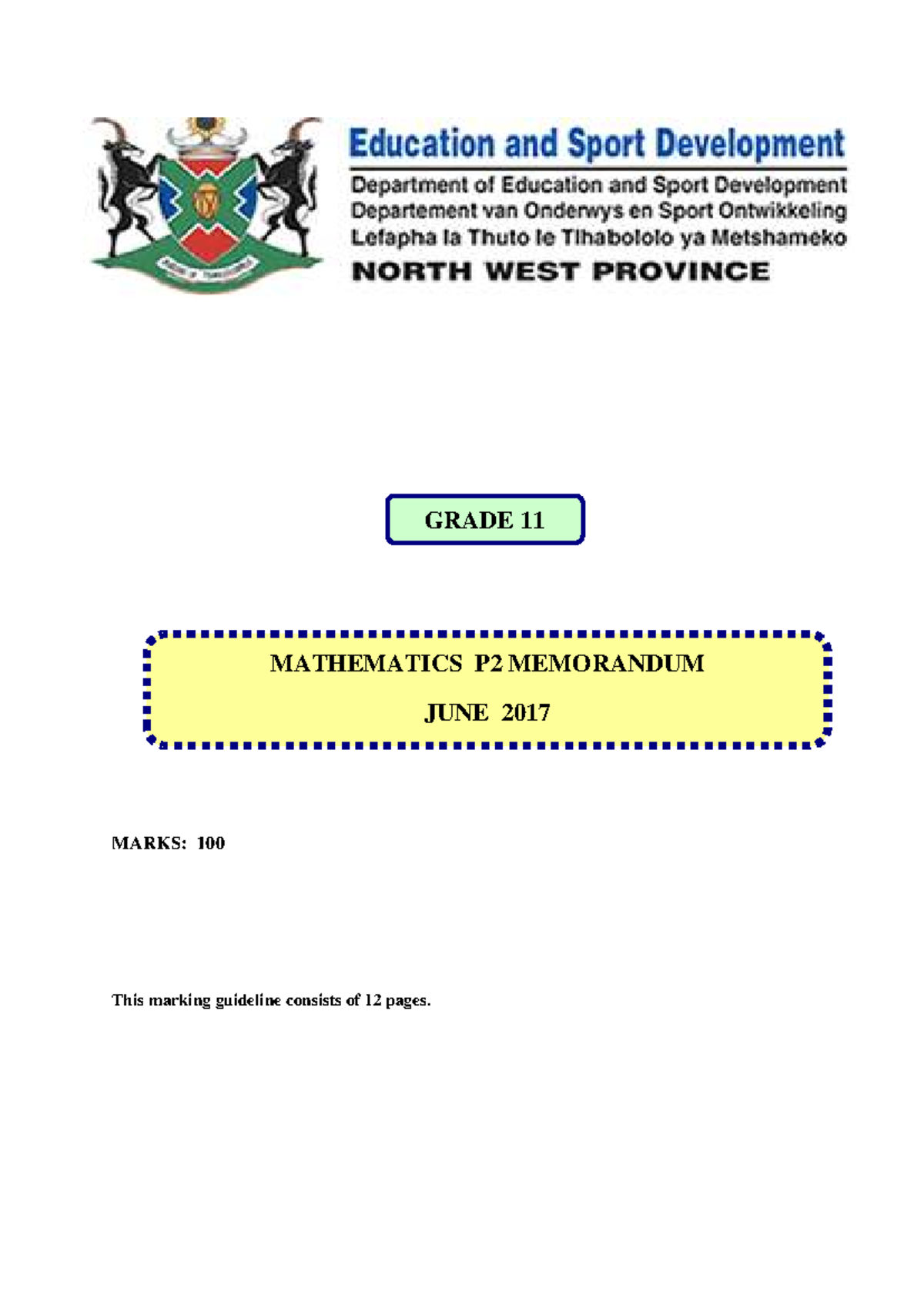 Grade 11 Mathematics P2 June 2017 Exam Memorandum Analysis - Studocu
