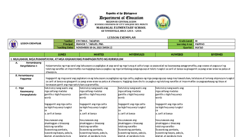 DLL Filipino 3 Q3 - Week 2 Lesson Exemplar on High Frequency Words ...
