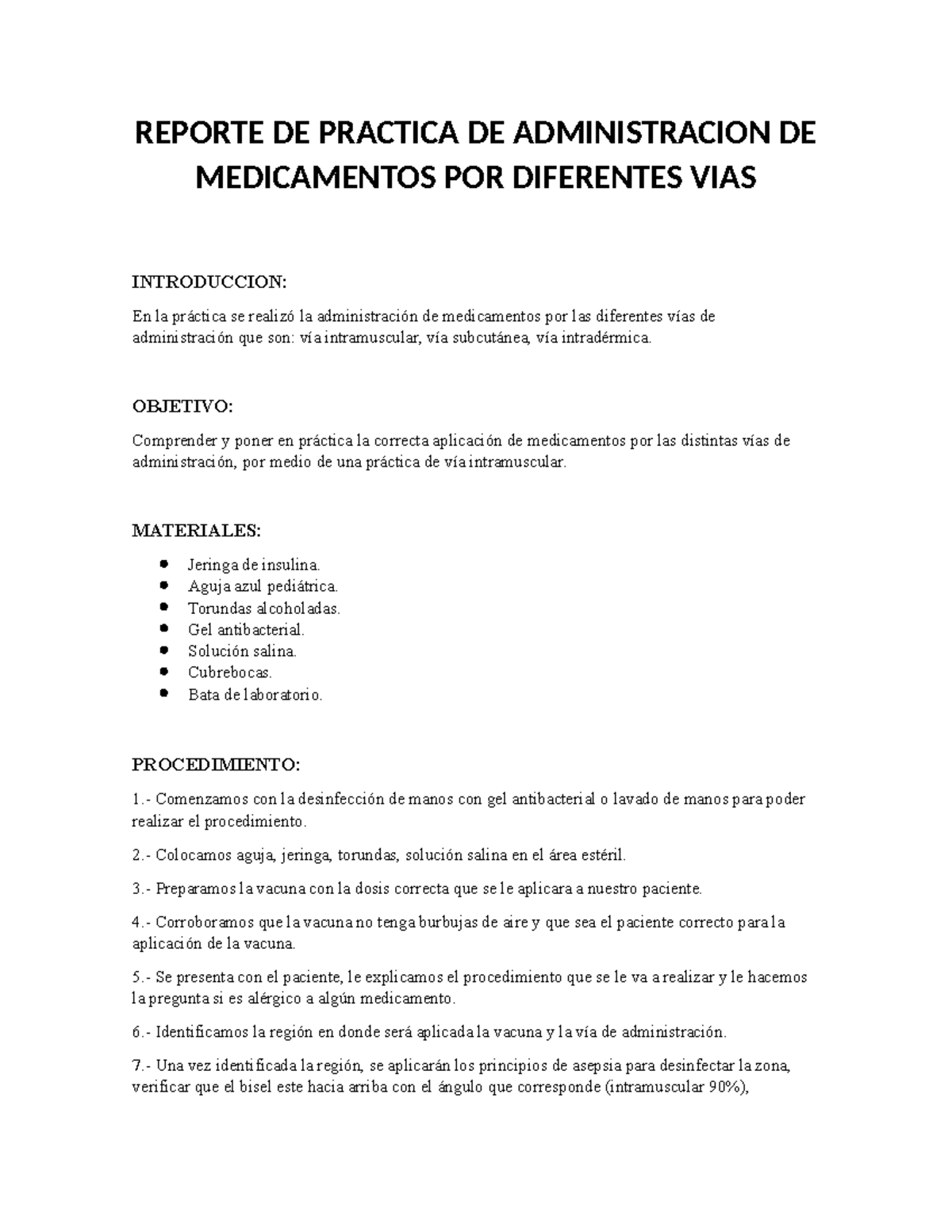 Reporte de Práctica de Administración de Medicamentos por Vías - Studocu