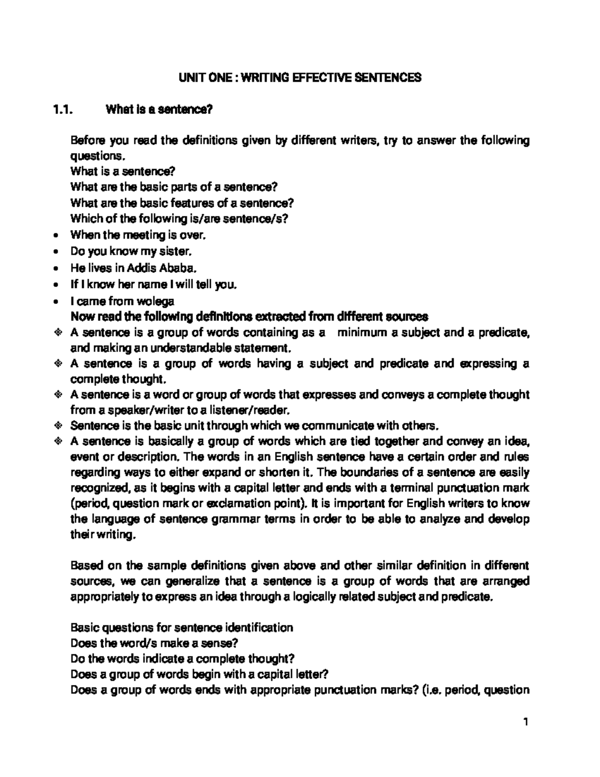 Basic writing module(DU)Edited - UNIT ONE : WRITING EFFECTIVE SENTENCES ...