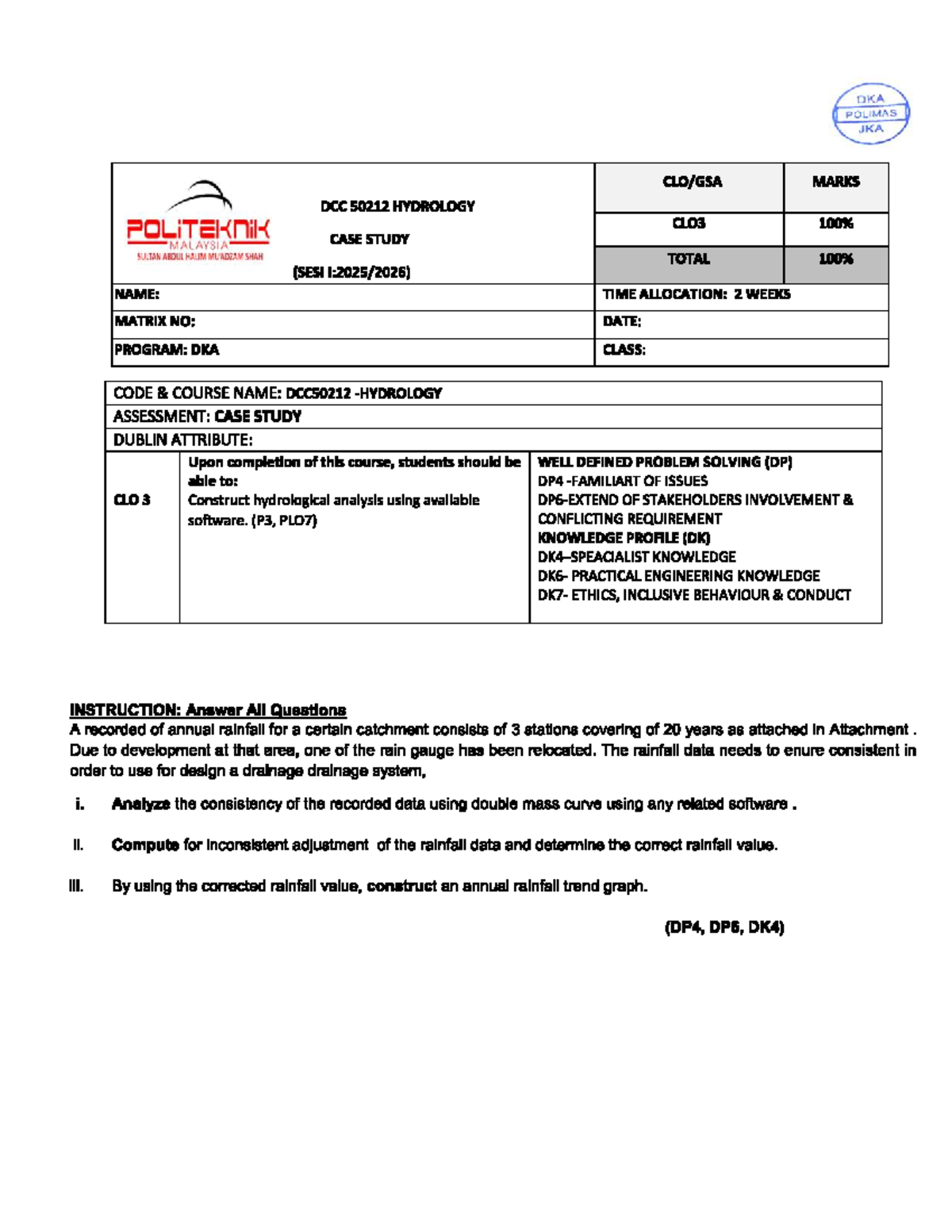 DCC50212 Hydrology Case Study: Analyzing Rainfall Data in Malaysia ...