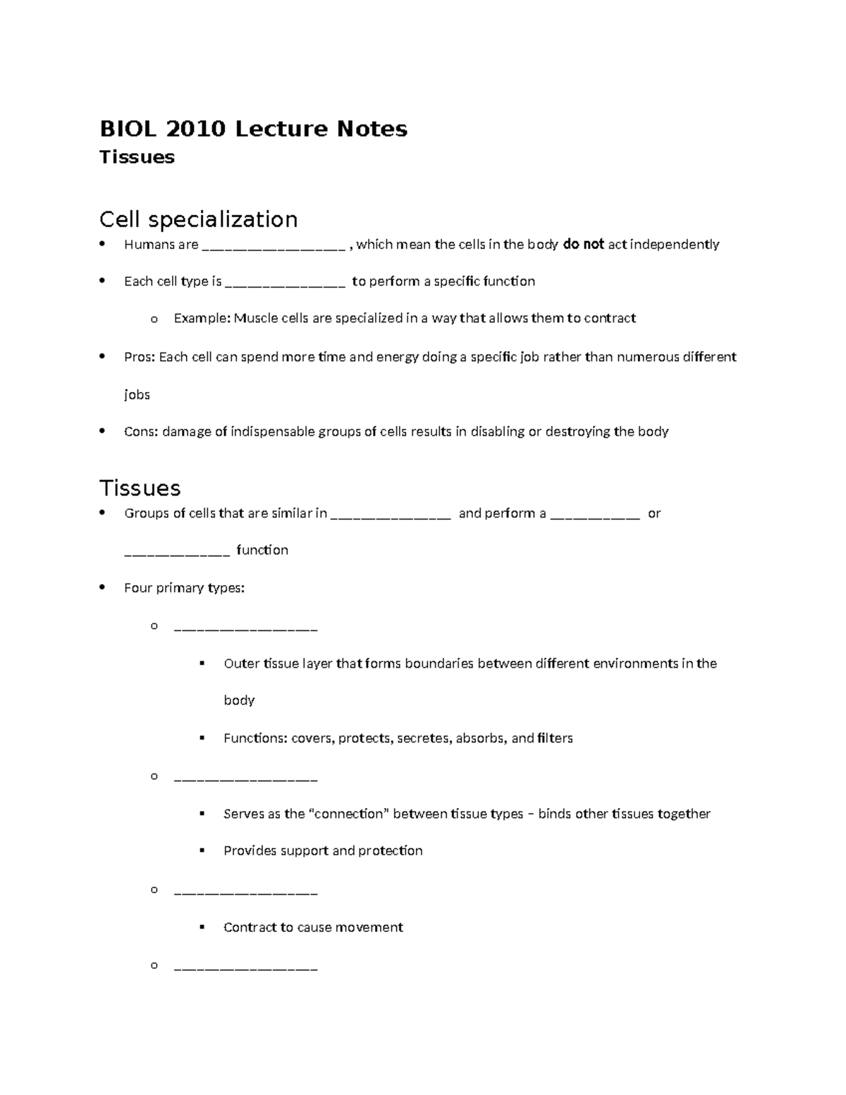 BIOL 2010 Lecture Notes: Overview of Epithelial & Connective Tissues ...