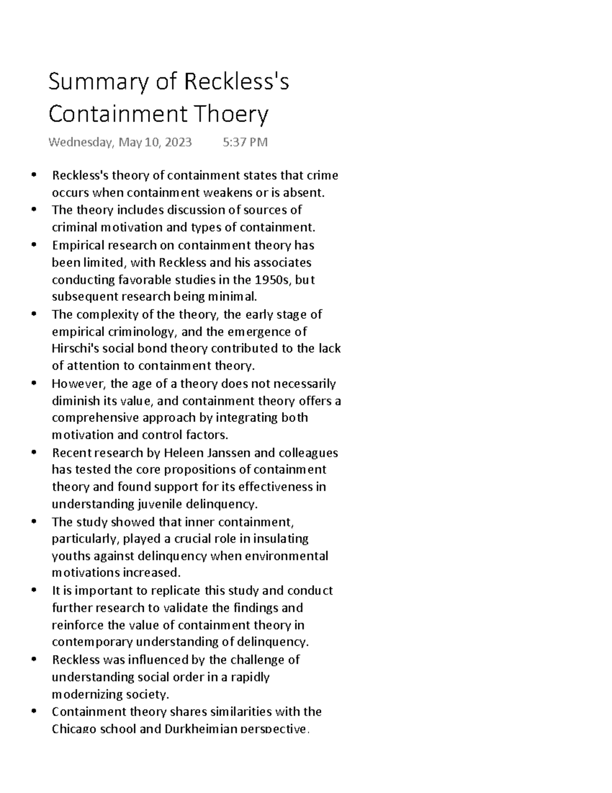 Summary of Reckless's Containment Theory: Insights on Delinquency - Studocu