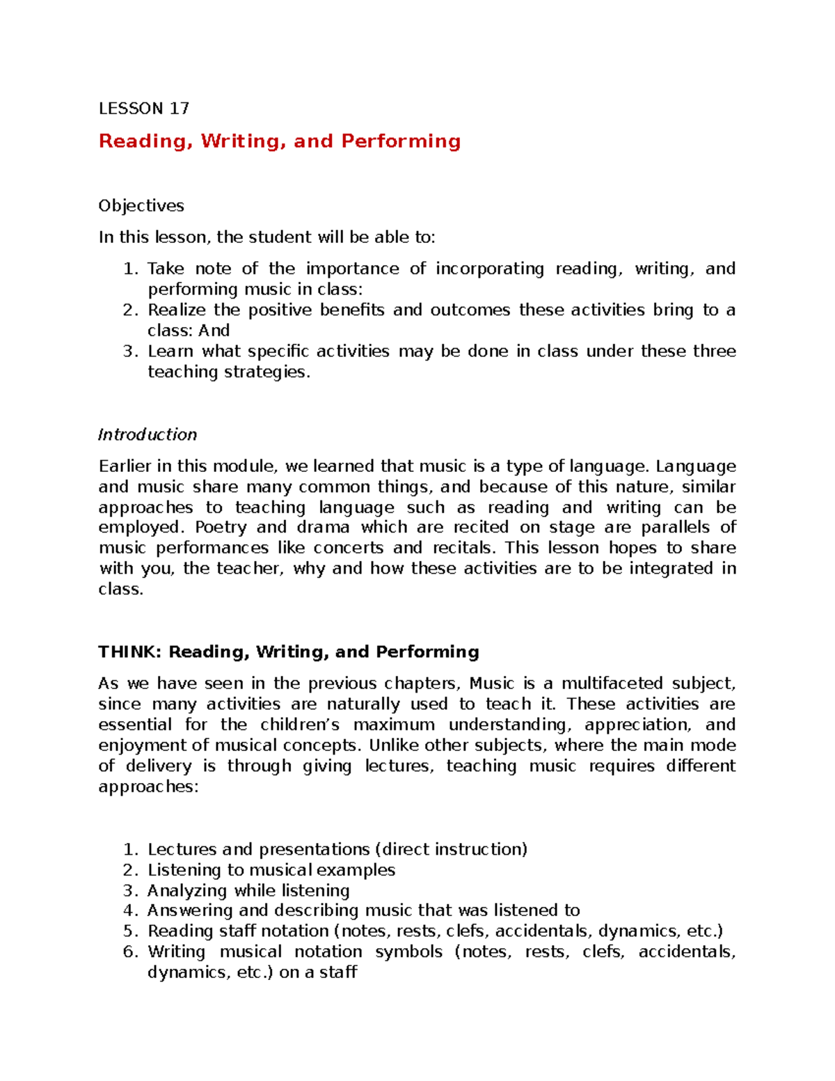 Lesson 17: Integrating Reading, Writing, and Performing in Music - Studocu