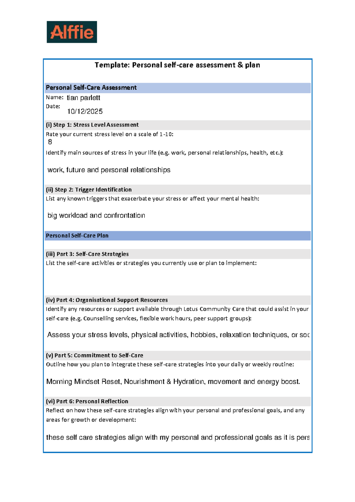 Personal Self-Care Assessment Plan Template: Task 4 V1 - Studocu