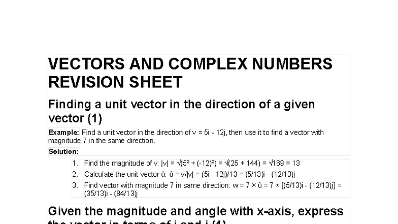 Vectors and Complex Numbers Revision Sheet (MATH 101) - Studocu