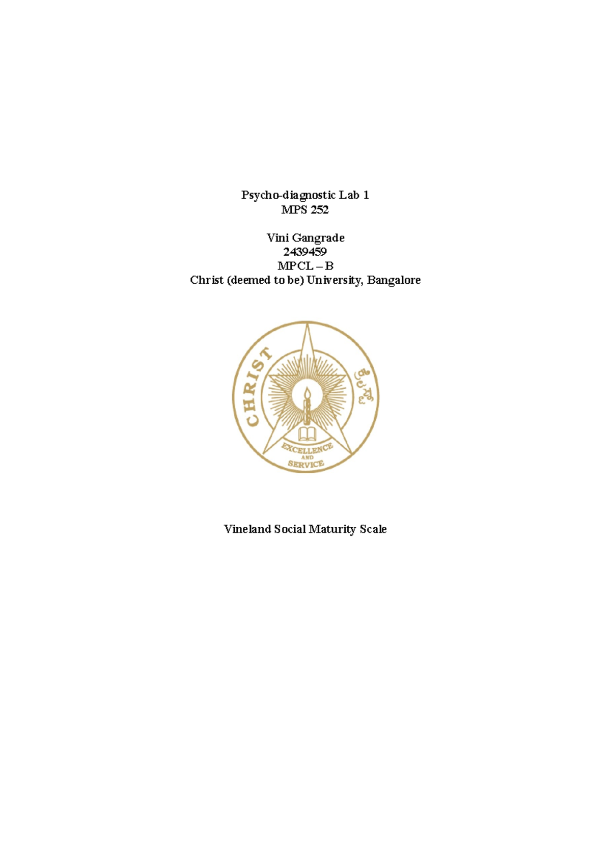 MPS 252 - Final Report on Vineland Social Maturity Scale (VSMS) - Studocu