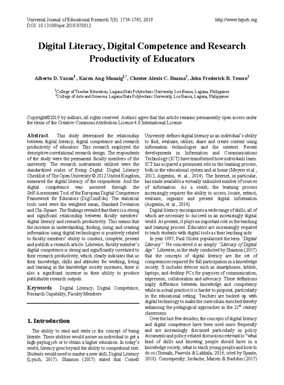 Digital Literacy, Competence & Research Productivity of Educators (EDU ...