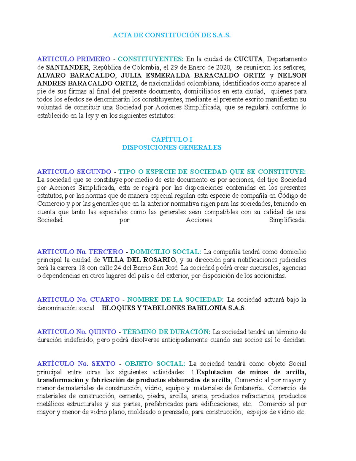 Constitucion SAS - acta de constitución de sociedad por acciones simplificada - ACTA DE ...