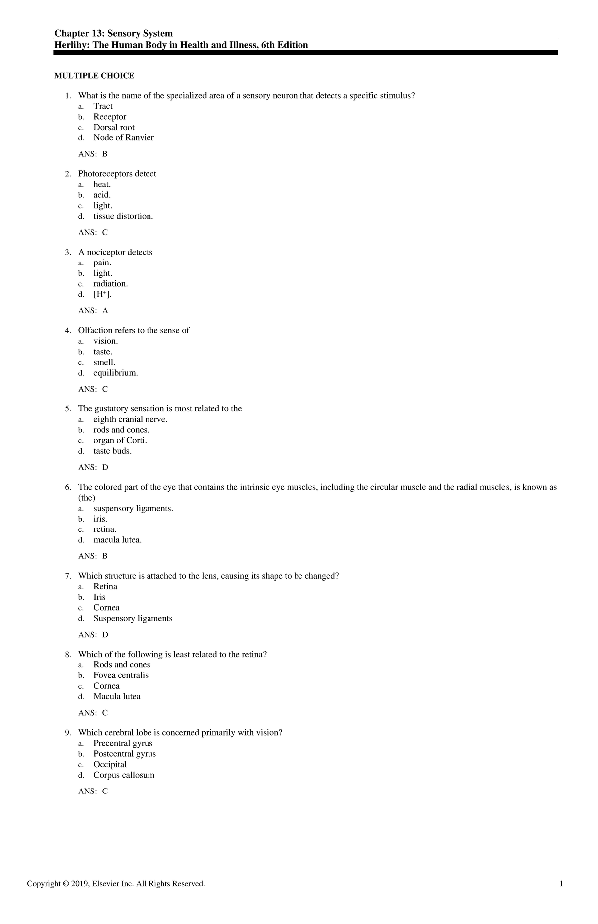 Exam View - Chapter 13 Answer Key for Sensory System Test - Studocu
