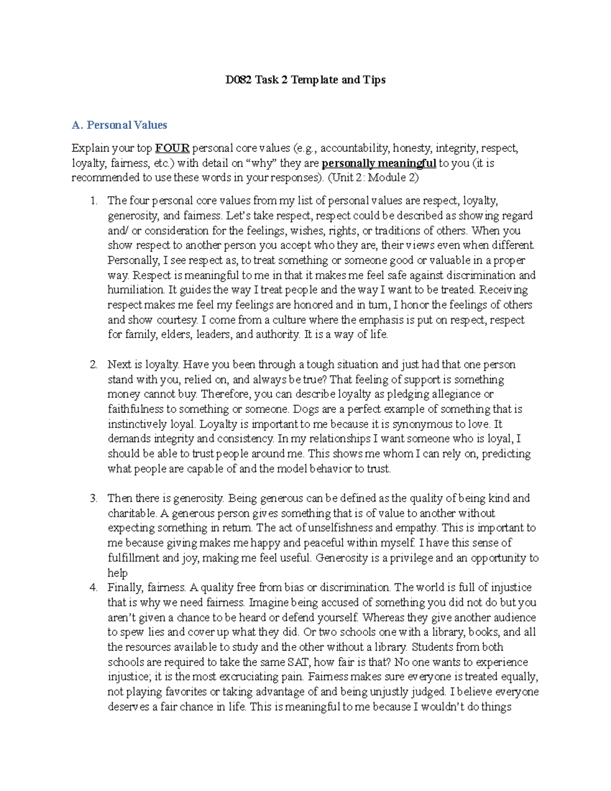 D082 Task 2 Emotional & Cultural Intelligence: Personal Values Analysis ...