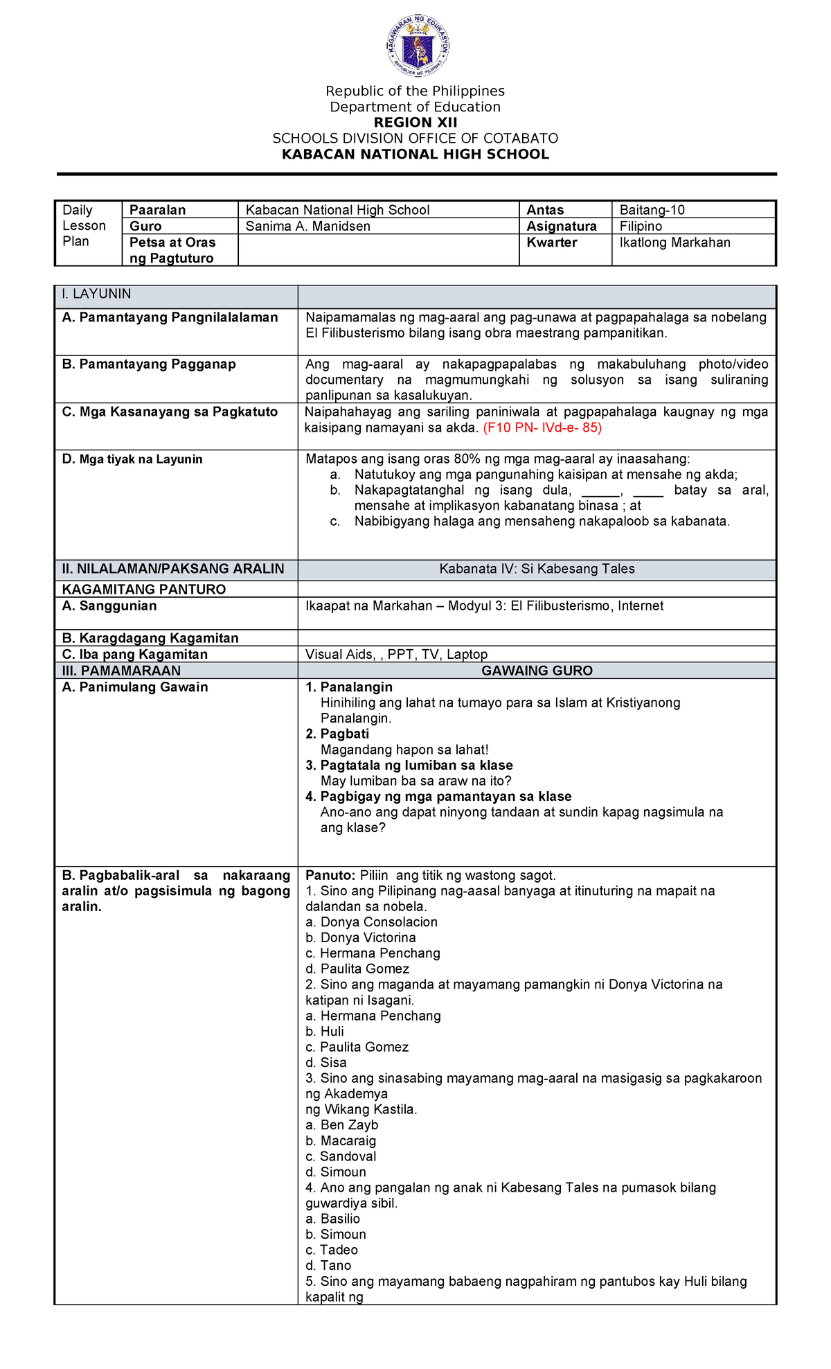 Daily Lesson Plan: Filipino (F10 85) - Kabanata IV: Si Kabesang Tales ...