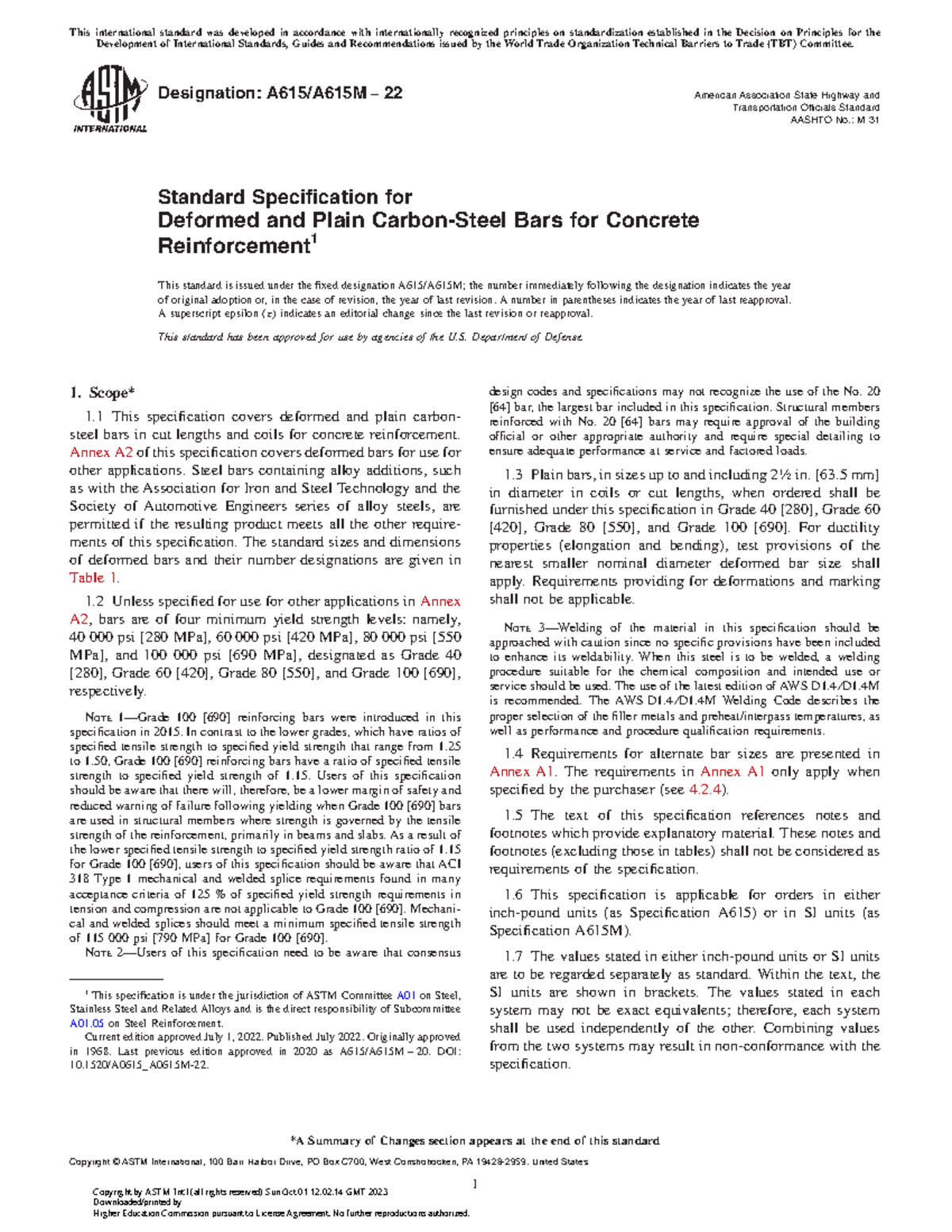 ASTM A615/A615M-22 Standard Specification for Concrete Reinforcement ...