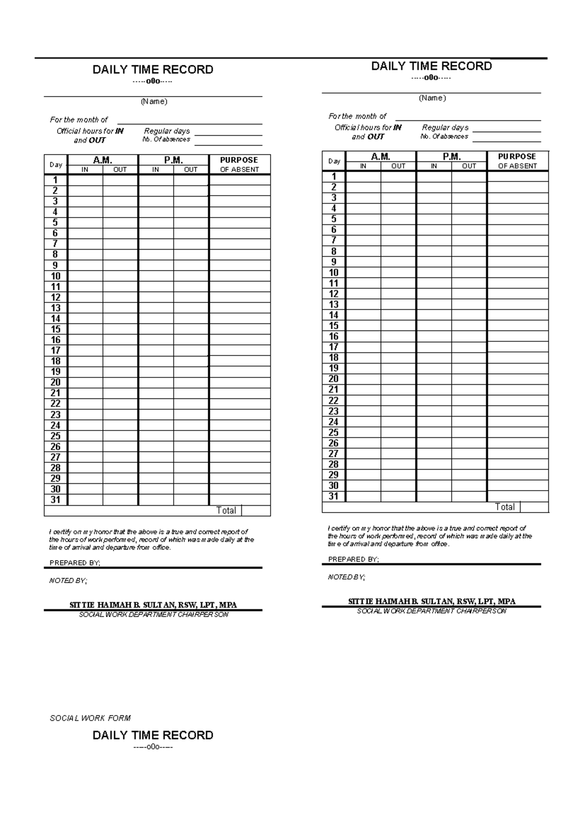 Daily time record sheet - DAILY TIME RECORD -o0o- (Name) For the month ...