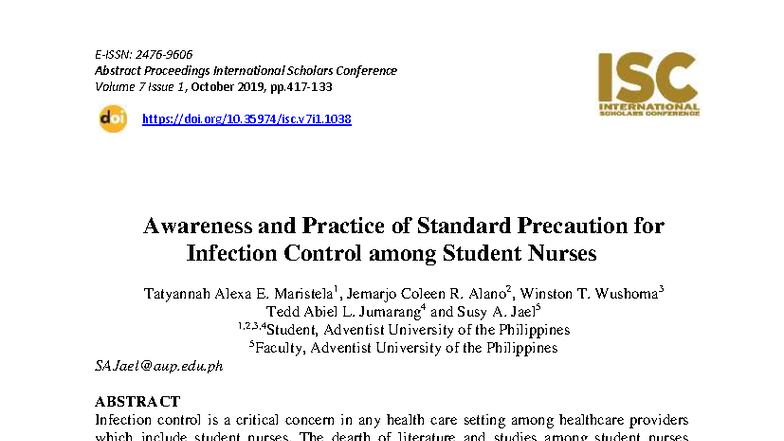 ISCP 2019: Student Nurses' Infection Control Practices - Studocu