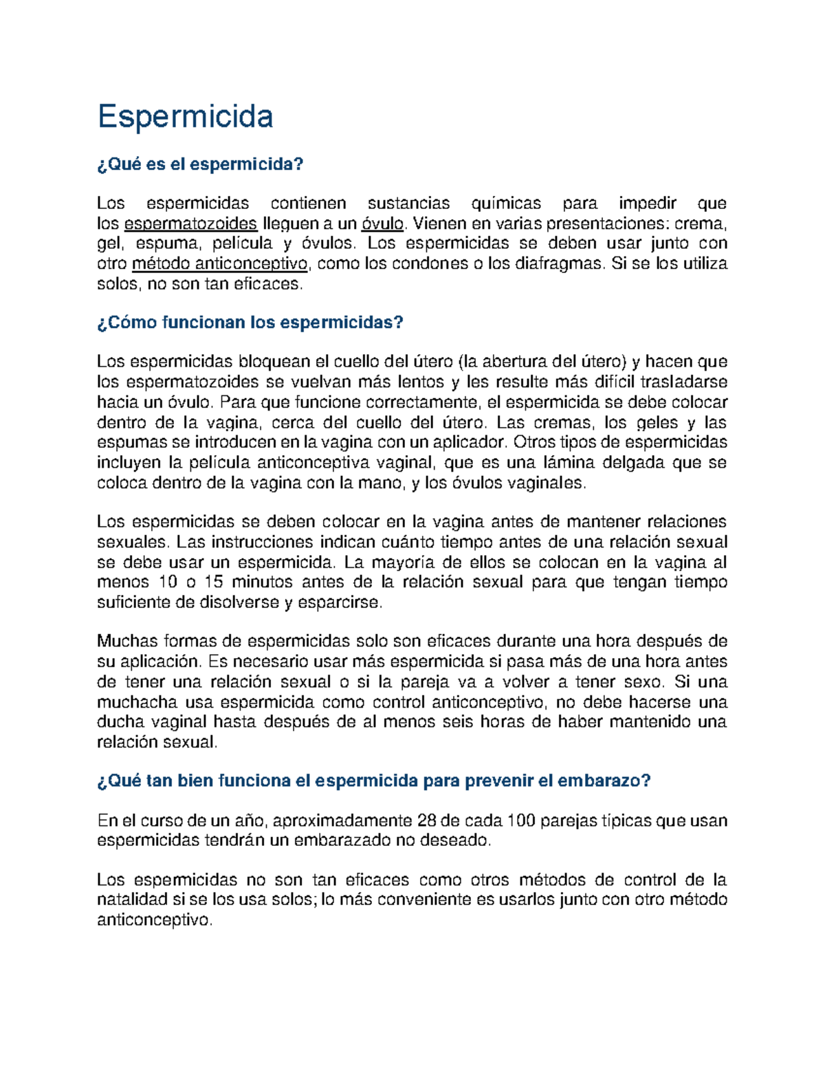 Guía sobre el uso y eficacia del espermicida en anticoncepción - Studocu