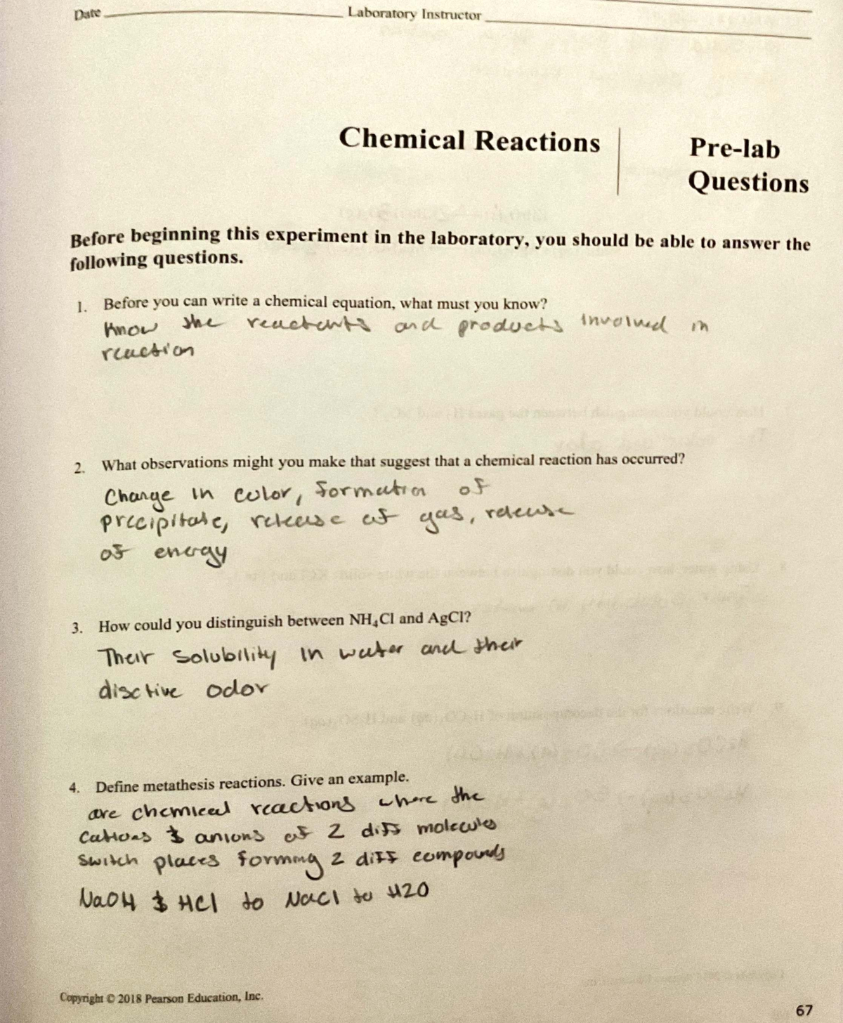 Chem Lab Questions: Understanding Chemical Reactions and Metathesis ...