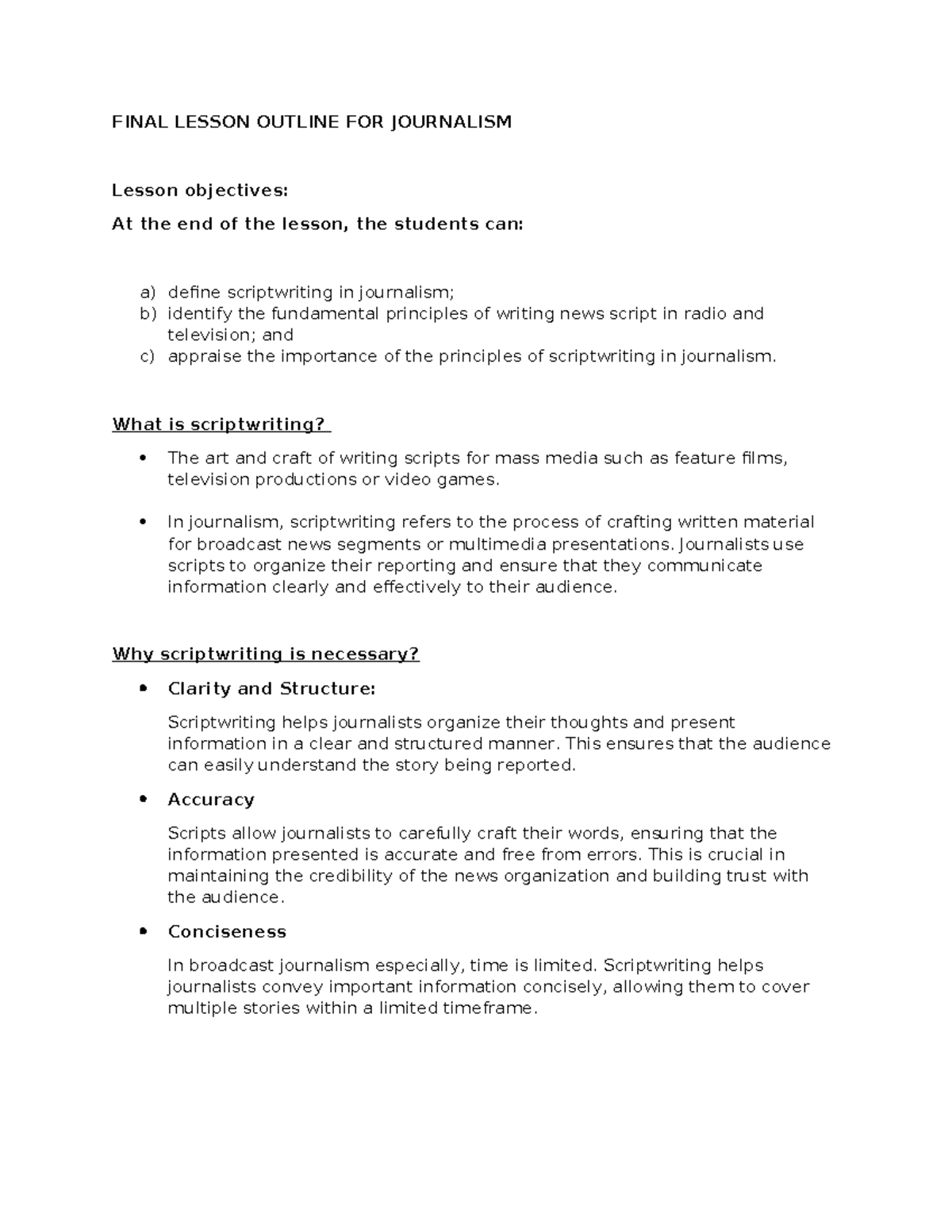 Final Lesson Outline for Journalism: Scriptwriting Essentials - Studocu
