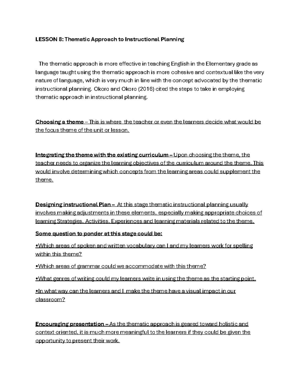 Lesson 8: Effective Thematic Instructional Planning Techniques - Studocu