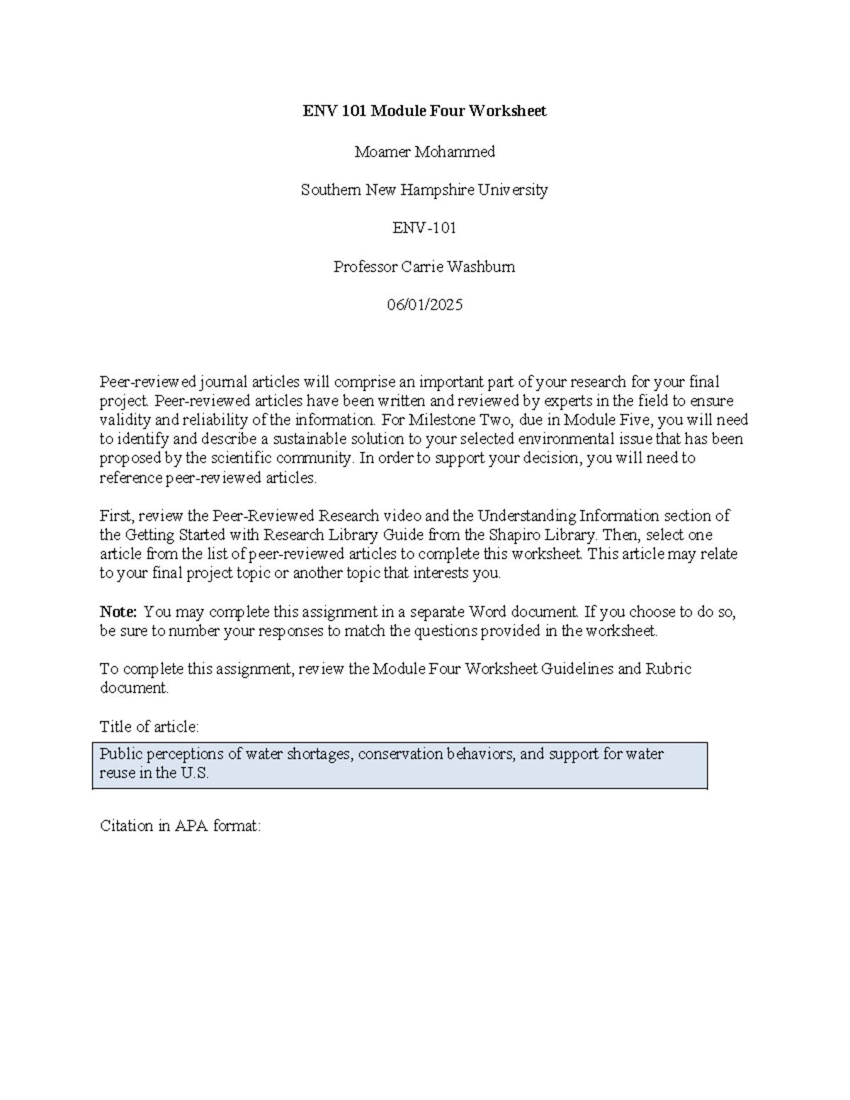 ENV 101 Module Four Worksheet: Analyzing Water Conservation Research ...