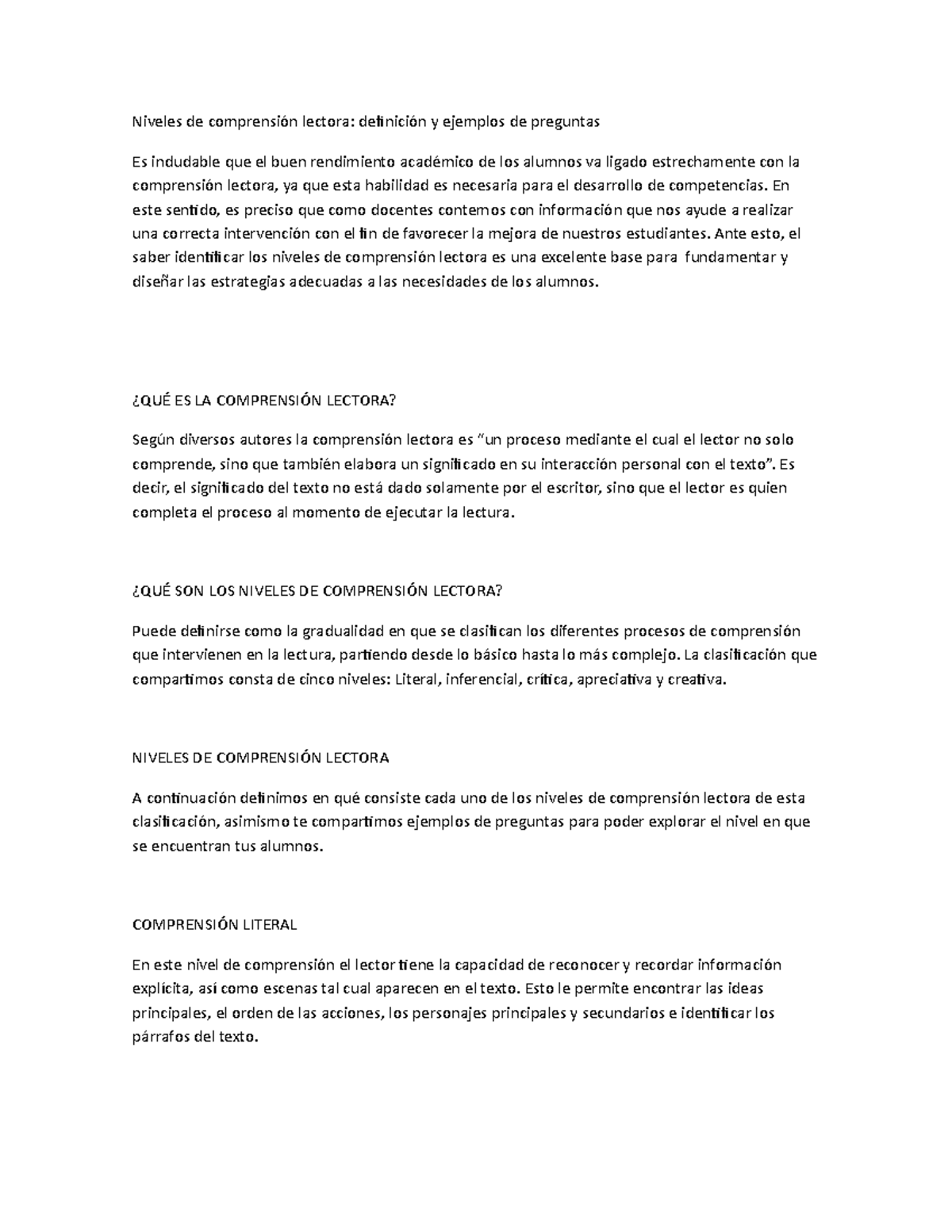 Niveles de Comprensión Lectora: Definición y Ejemplos de Preguntas ...