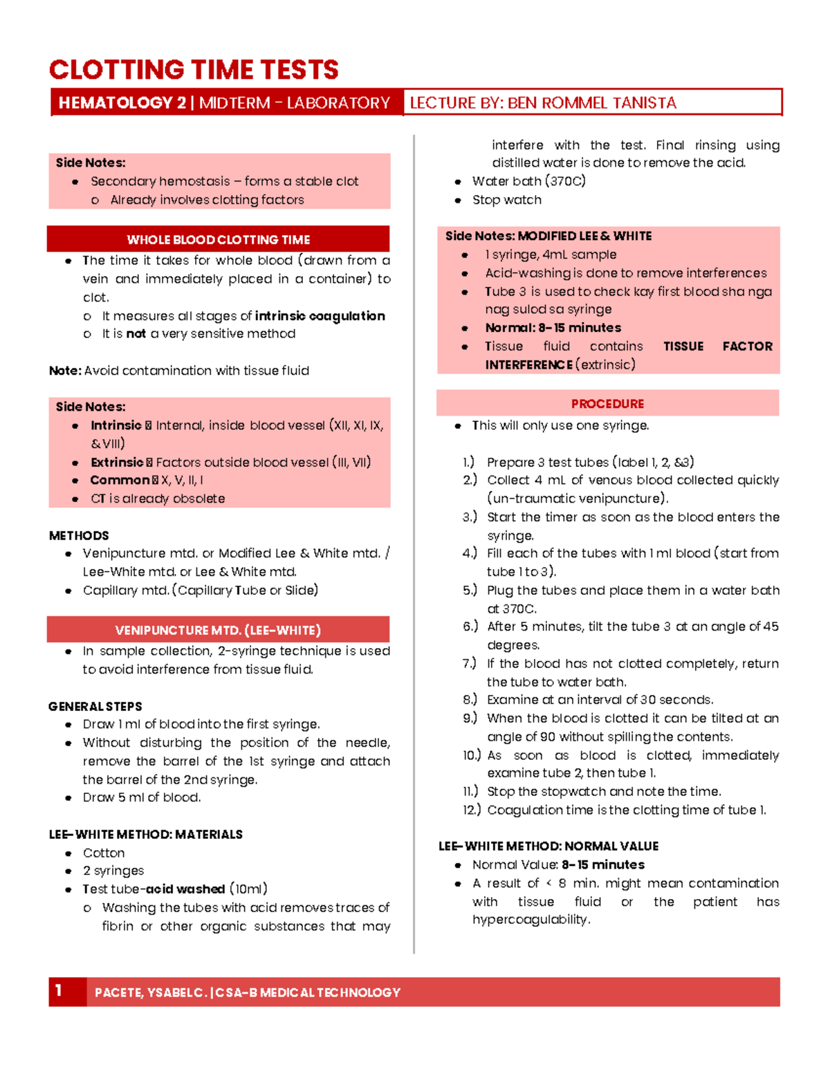CLOTTING TIME TESTS HEMATOLOGY 2 MIDTERM LAB NOTES - Studocu