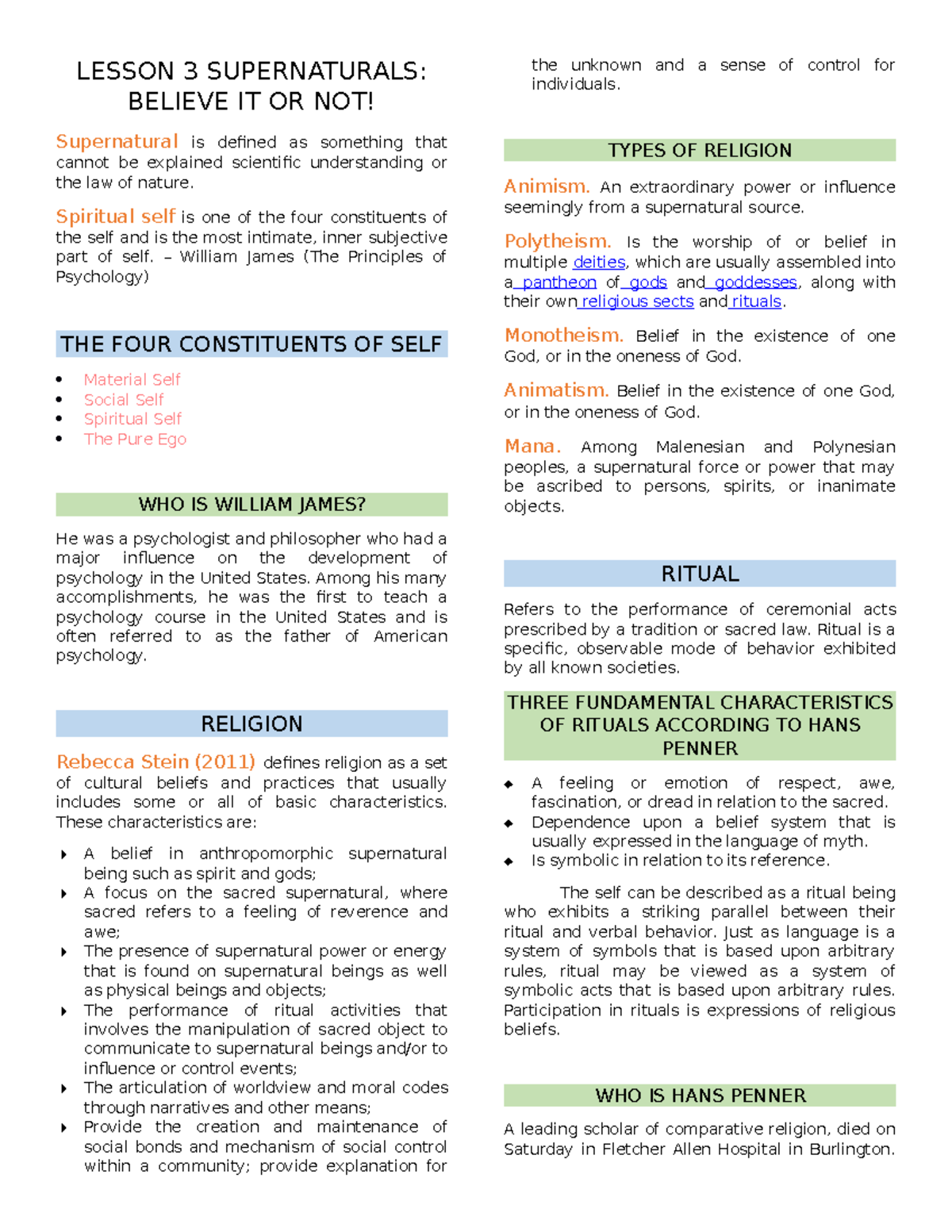 Understanding The Self Lecture Notes Module 7: Supernatural Beliefs ...