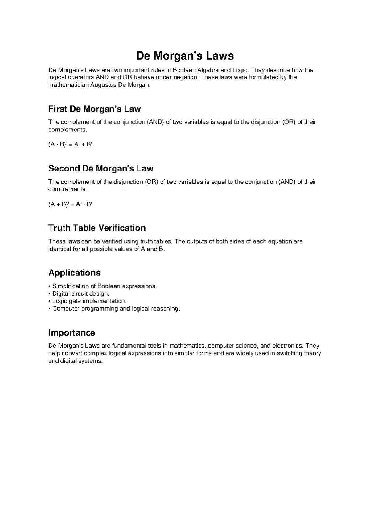De Morgan Laws Note - Boolean Algebra Essentials - Studocu