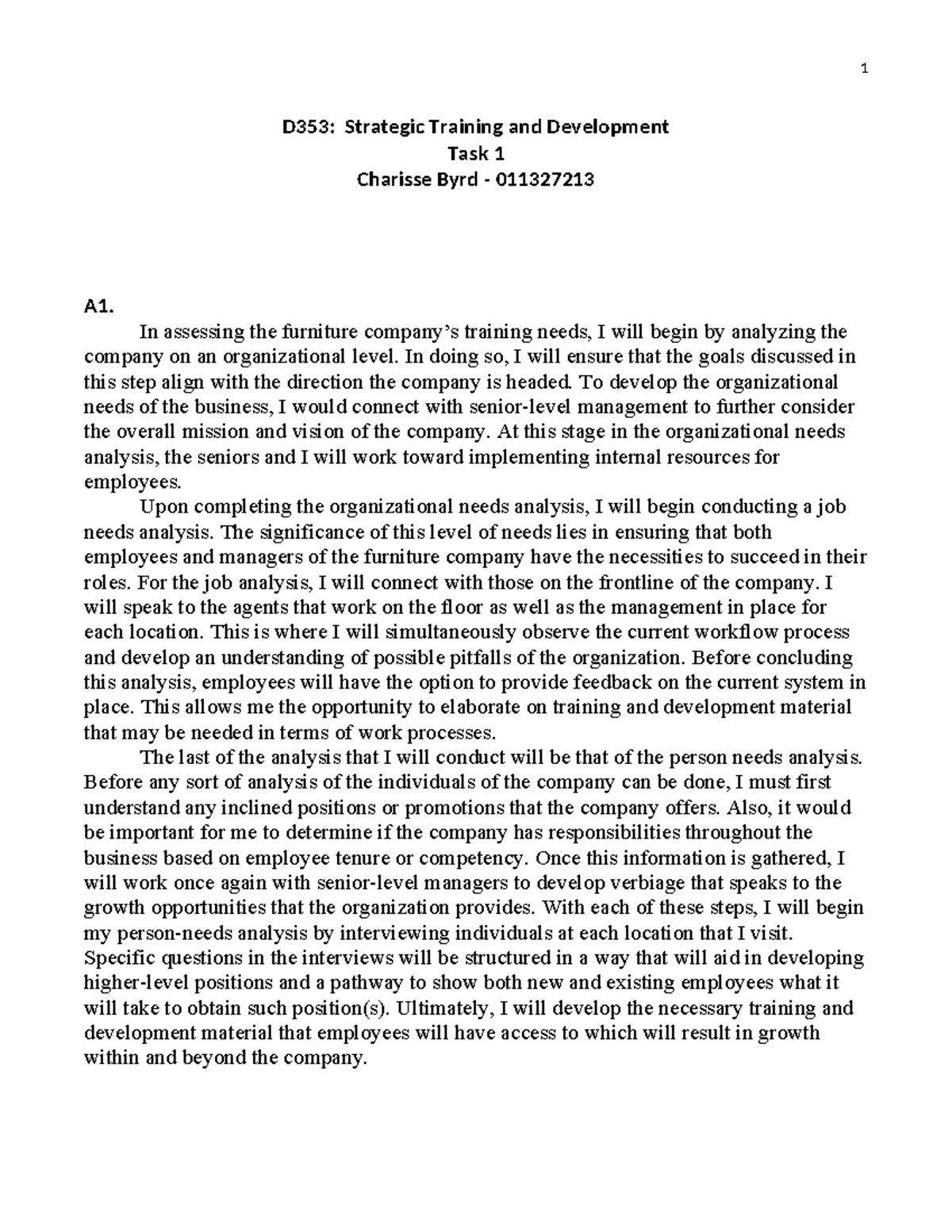 D353 Task 1 - revised - 2nd Attempt | Passed - 1 D353: Strategic ...