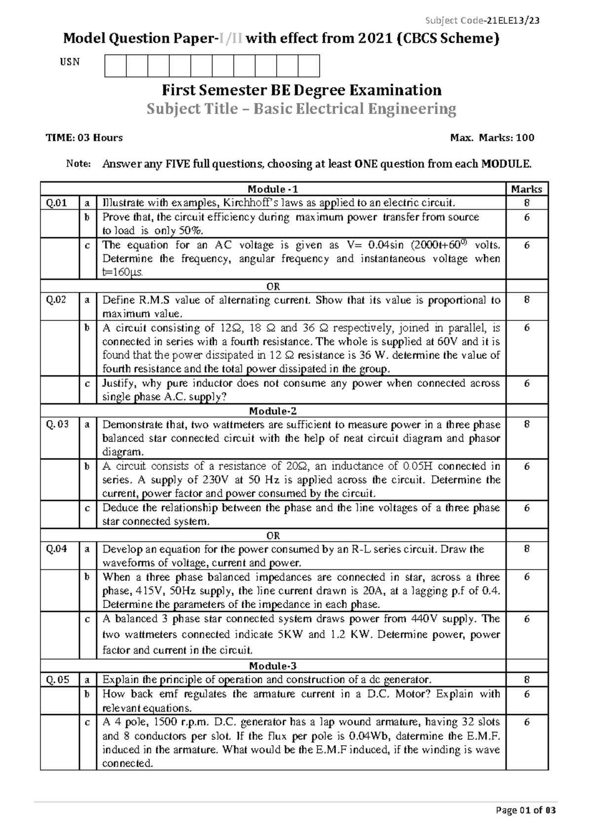 21ELE13 - Model Question Paper for Basic Electrical Engineering 2021-22 ...