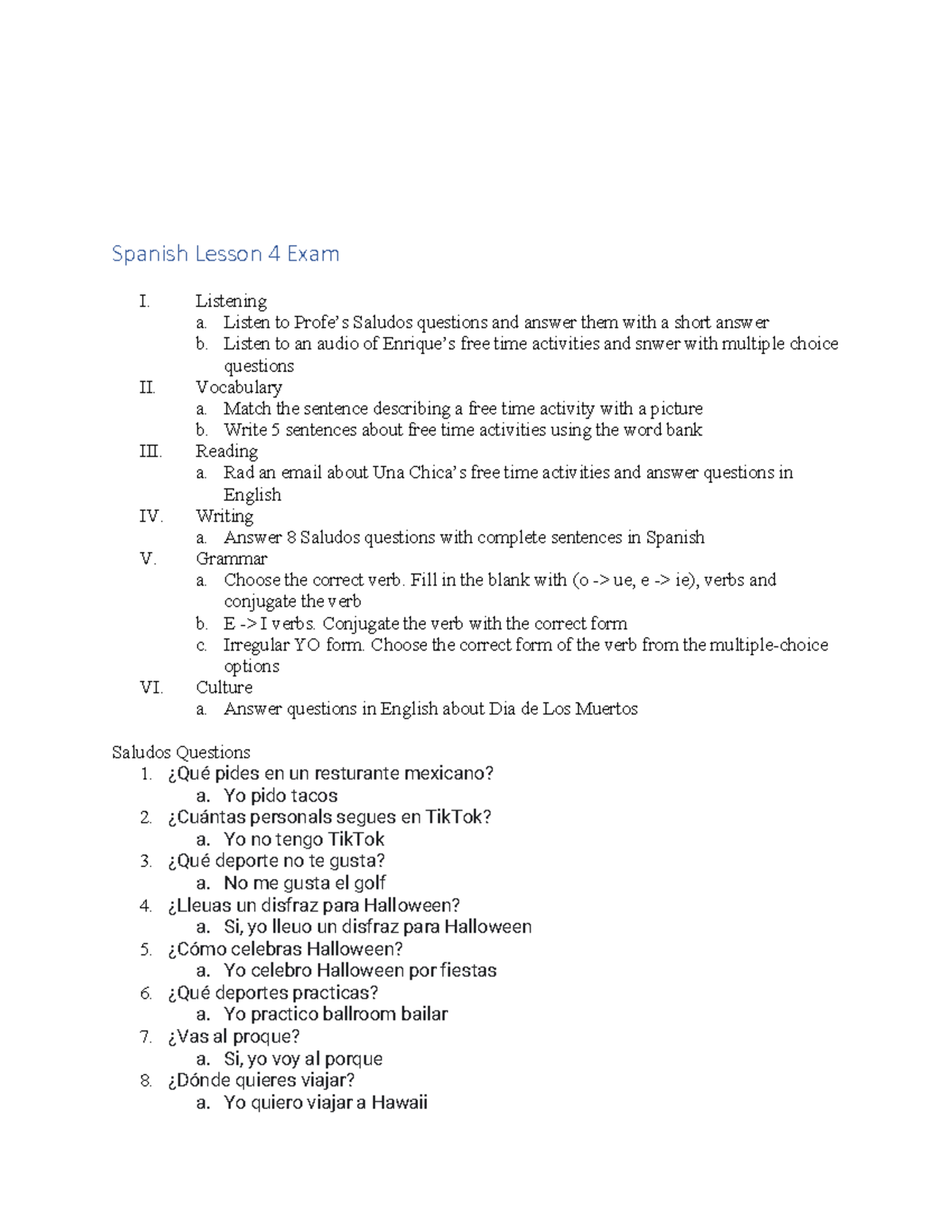 Spanish 101: Exam Review for Lesson 4 Preparation - Studocu