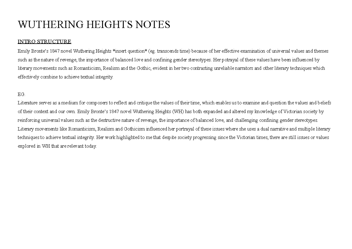 Wuthering Heights Analysis: Gender, Love, and Literary Techniques - Studocu