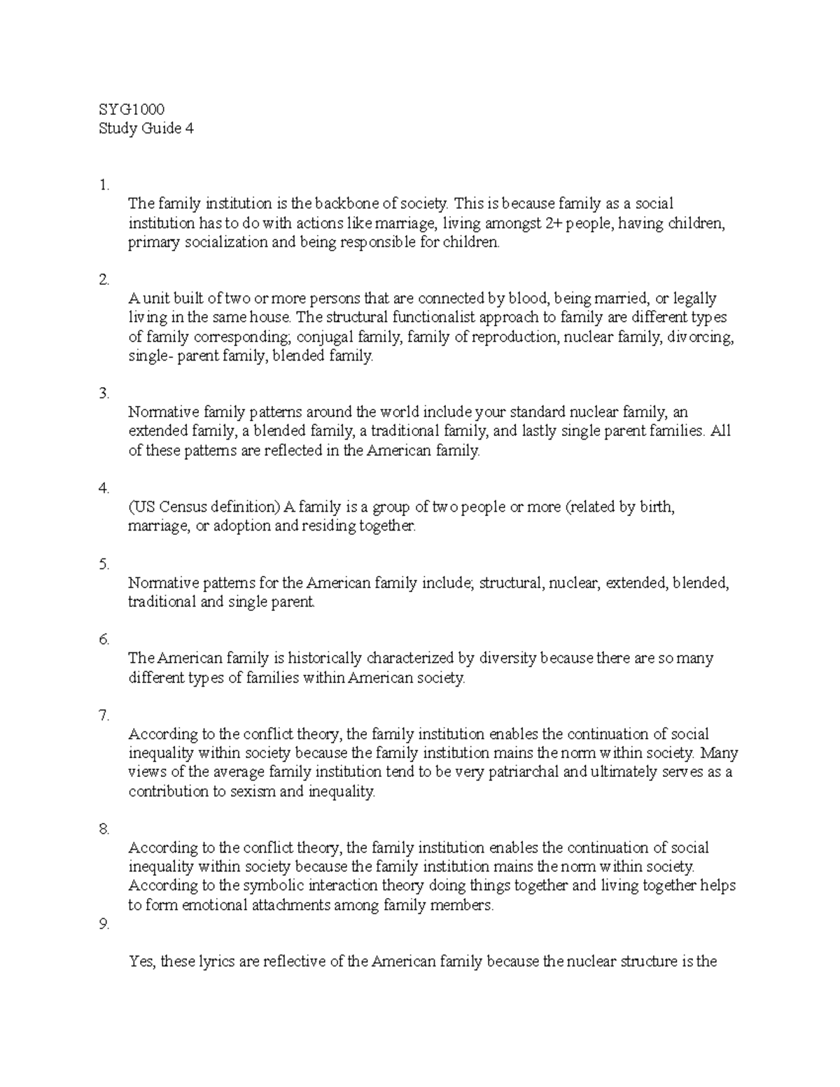 Study Guide 4 (Completed) - SYG Study Guide 4 1. The family institution ...