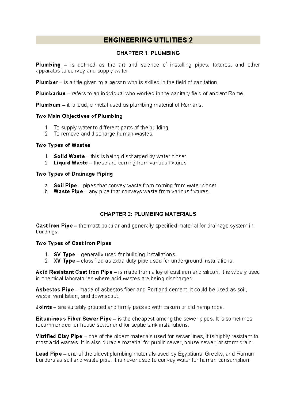 Engineering Utilities 2: Plumbing Chapter Overview and Materials - Studocu