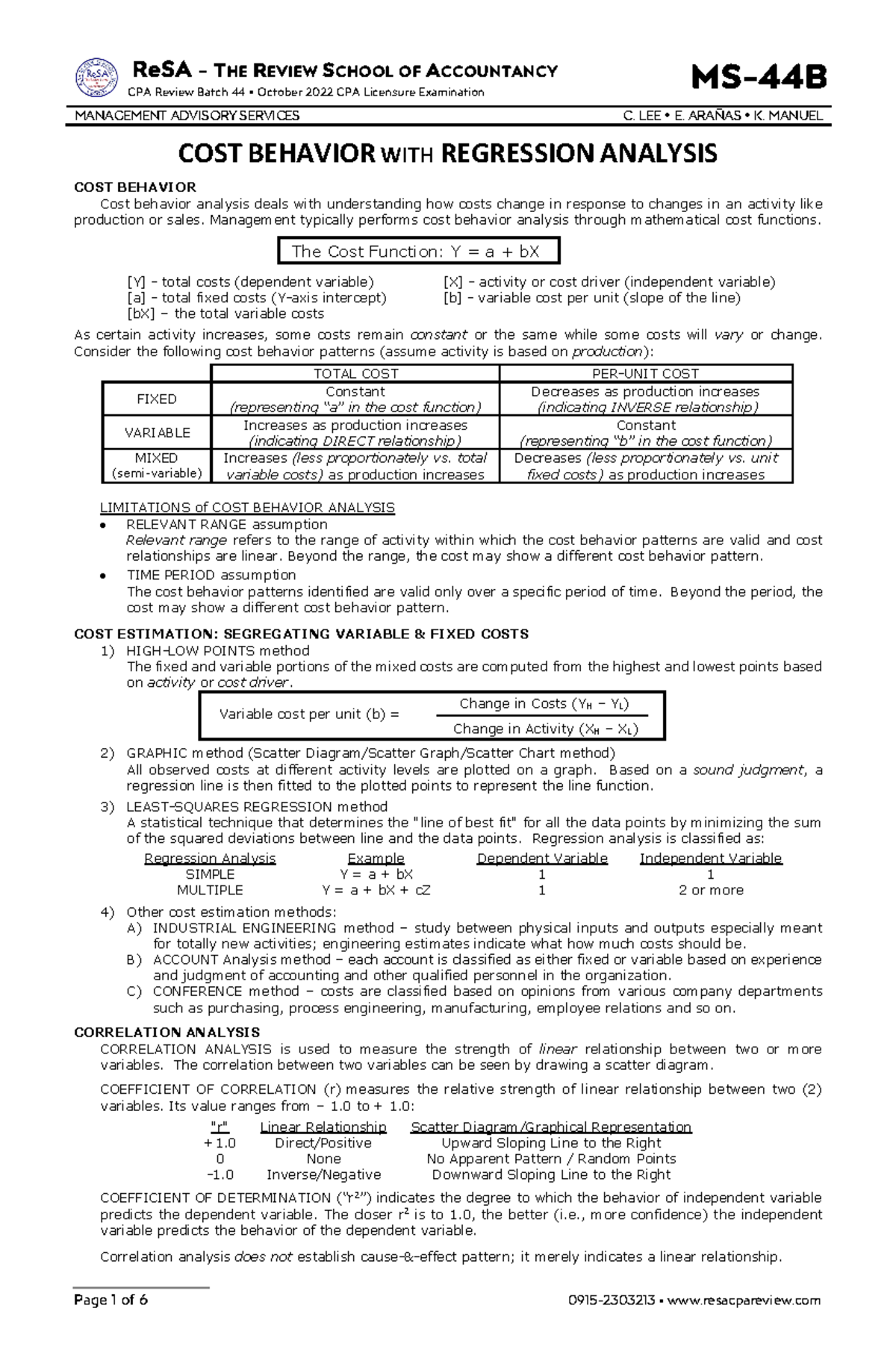 MS-44B Cost Behavior Analysis & Regression Techniques Overview - Studocu