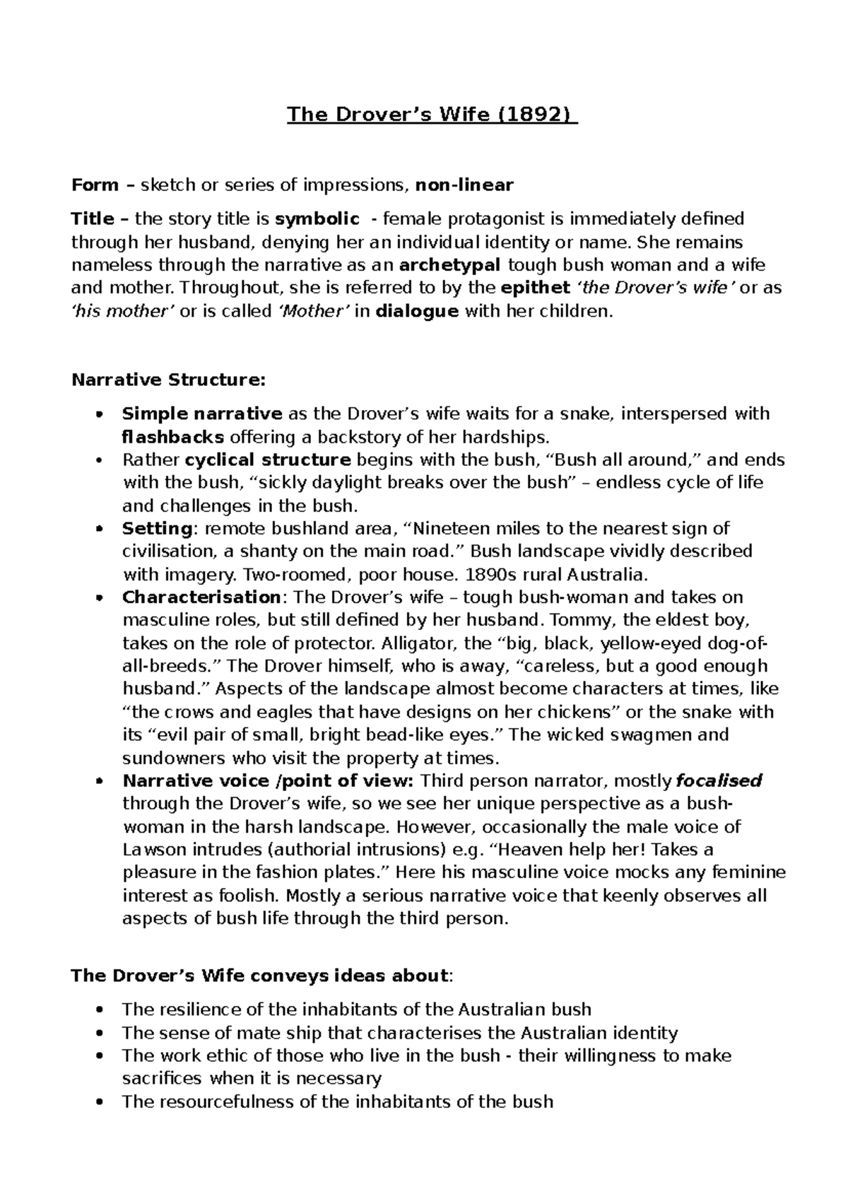 Annotated Analysis of "The Drover's Wife" (1892) - ENG101 - Studocu